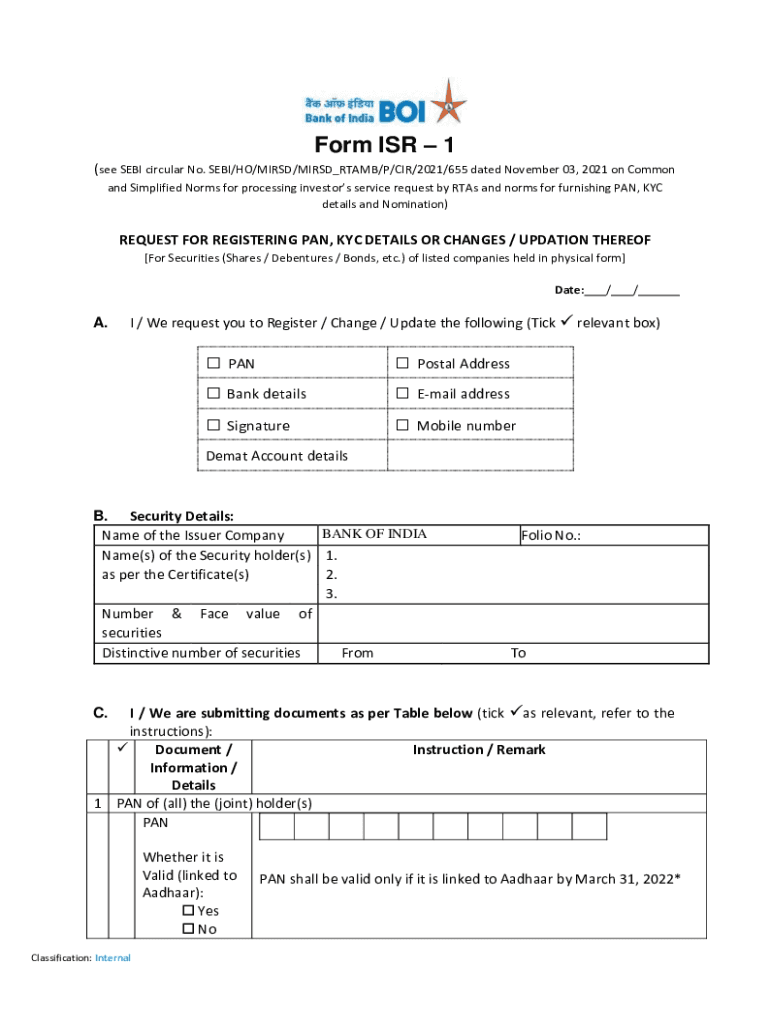 Fillable Online Form ISR -1 - Bank of India Fax Email Print - pdfFiller