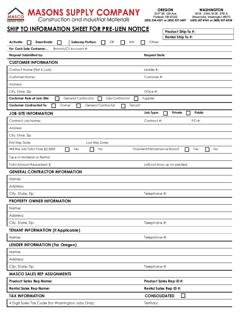 Fillable Online SHIP TO INFORMATION SHEET FOR PRE-LIEN NOTICE Fax Email ...
