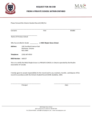 Fillable Online REQUEST FOR AN OSR FROM A PRIVATE SCHOOL WITHIN ... Fax ...
