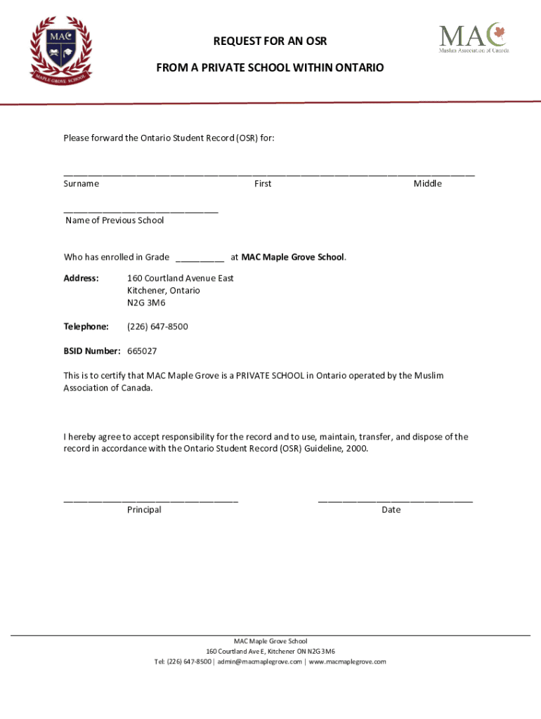 Fillable Online REQUEST FOR AN OSR FROM A PRIVATE SCHOOL WITHIN ... Fax ...