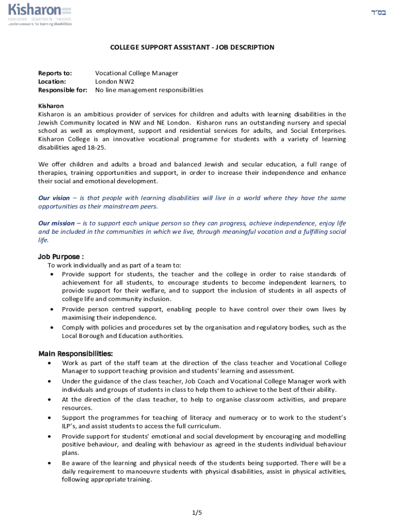 Fillable Online COLLEGE SUPPORT ASSISTANT - JOB DESCRIPTION Fax Email ...