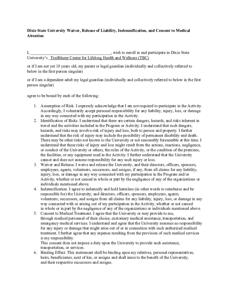 Fillable Online Dixie State University Waiver, Release of Liability ...
