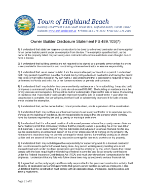 Fillable Online Owner Builder Disclosure Statement FS 489.103(7) Fax ...