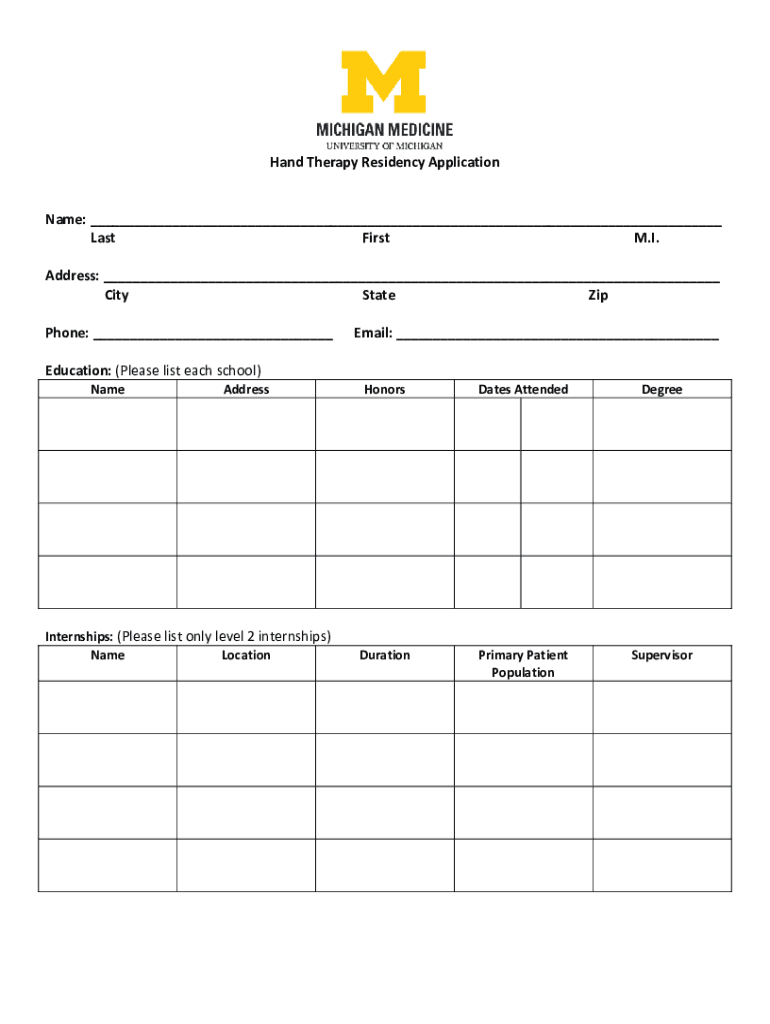 Fillable Online medicine umich Hand Therapy Residency Application Name ...