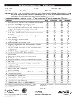 Fillable Online NICHQ Vanderbilt Assessment Scale-TEACHER Informant Fax ...