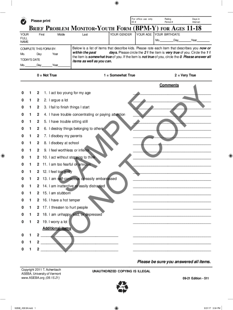 Fillable Online brief problem monitor-youth form (bpm-y) for ages 11 ...