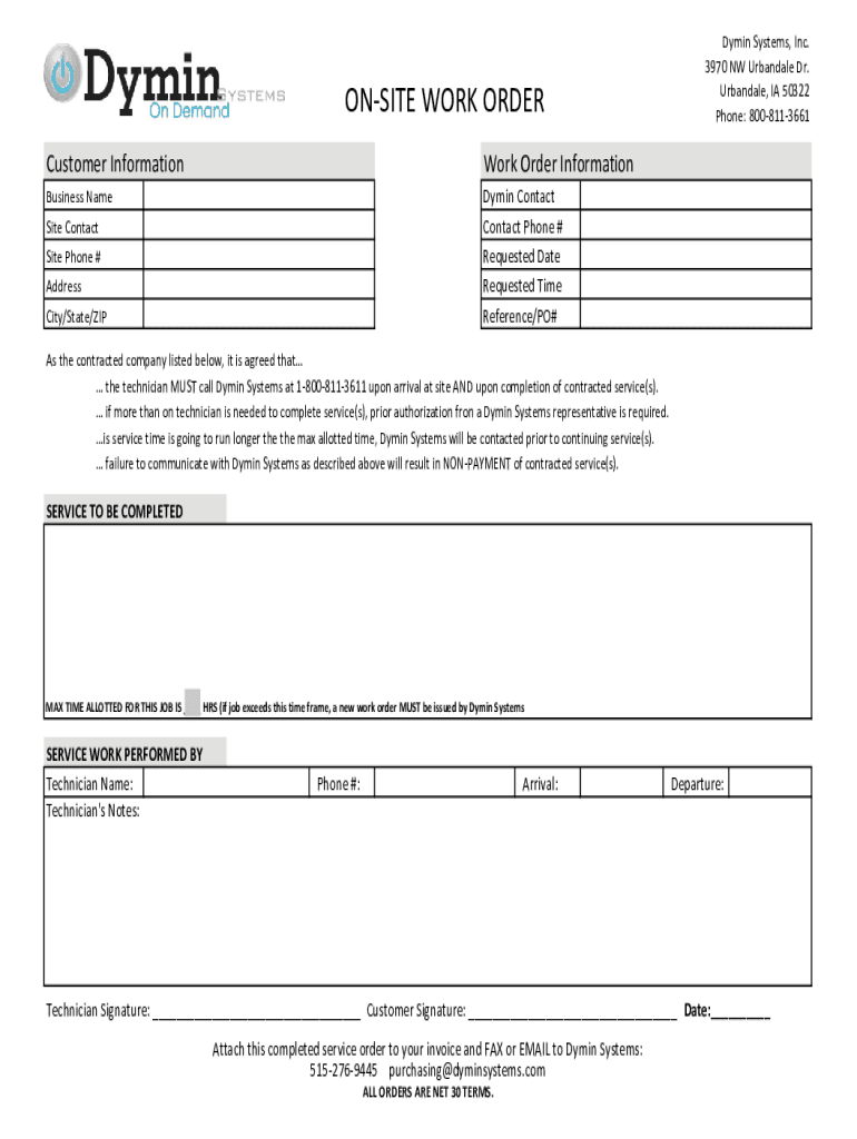 Fillable Online Onsite Work Order.xlsx - Dymin Systems Fax Email Print - pdfFiller