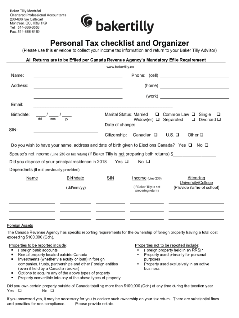 Fillable Online Personal Tax checklist and Organizer - Baker Tilly ...