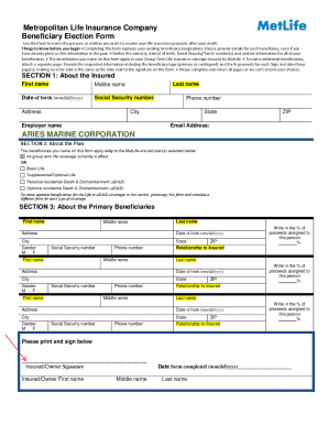 Fillable Online Metropolitan Life Insurance Company Beneficiary ...