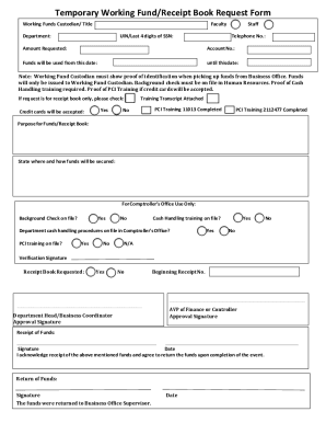 Fillable Online Temporary Working Fund/Receipt Book Request Form Fax ...