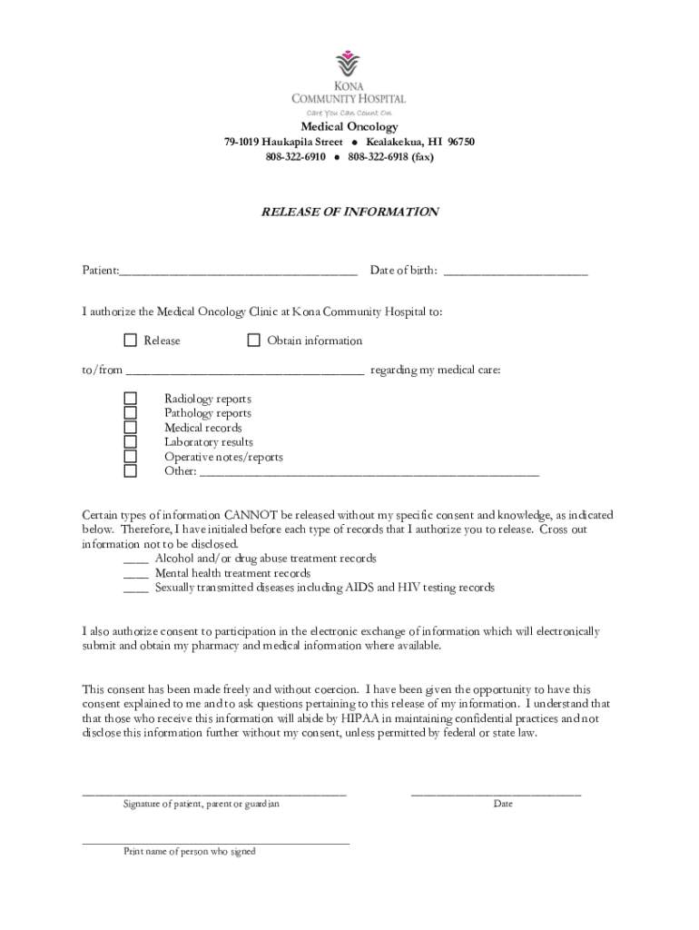 Fillable Online kch hhsc Medical Oncology Forms - Kona Community ...