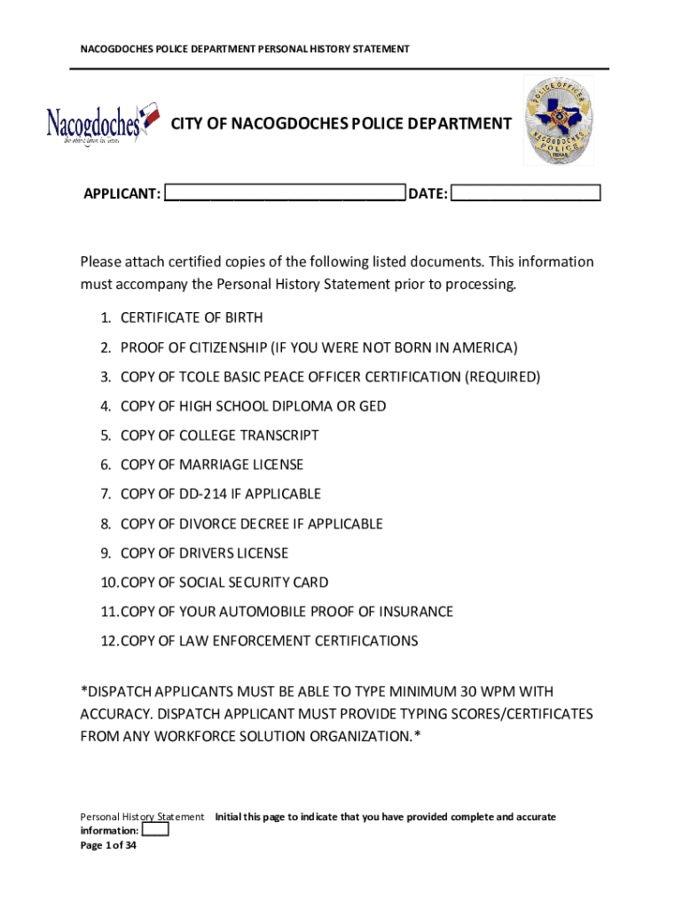 Fillable Online PERSONAL HISTORY STATEMENT POLICE OFFICER Fax Email ...