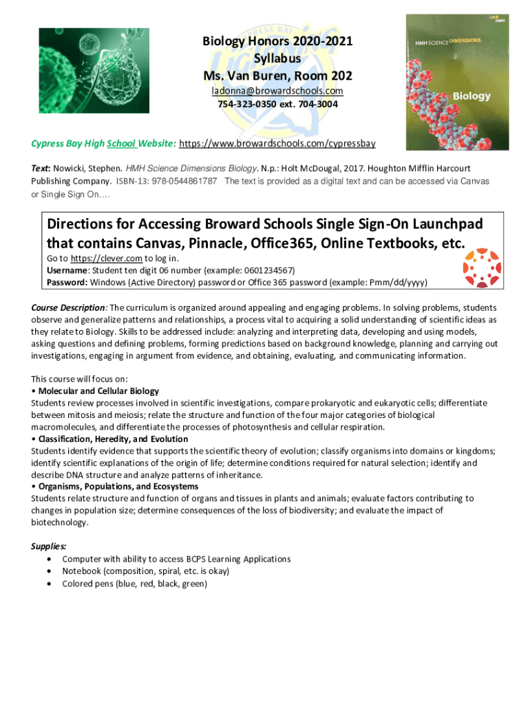 Fillable Online Biology Honors 2020-2021 Syllabus Ms. Van Buren, Room ...