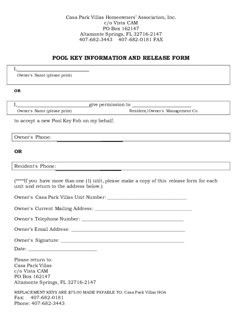 Fillable Online Pool Key Information and Release Form - Casa Park ...