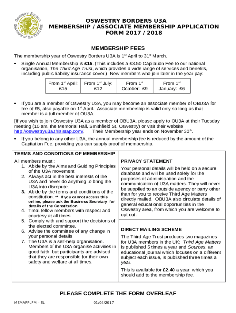 NEW MEMBER APPLICATION - Reading u3a Doc Template | pdfFiller