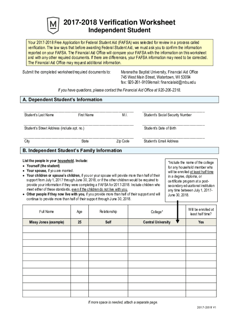 Fillable Online 20172018 Verification Worksheet Independent Student (V5) Fax Email Print - pdfFiller