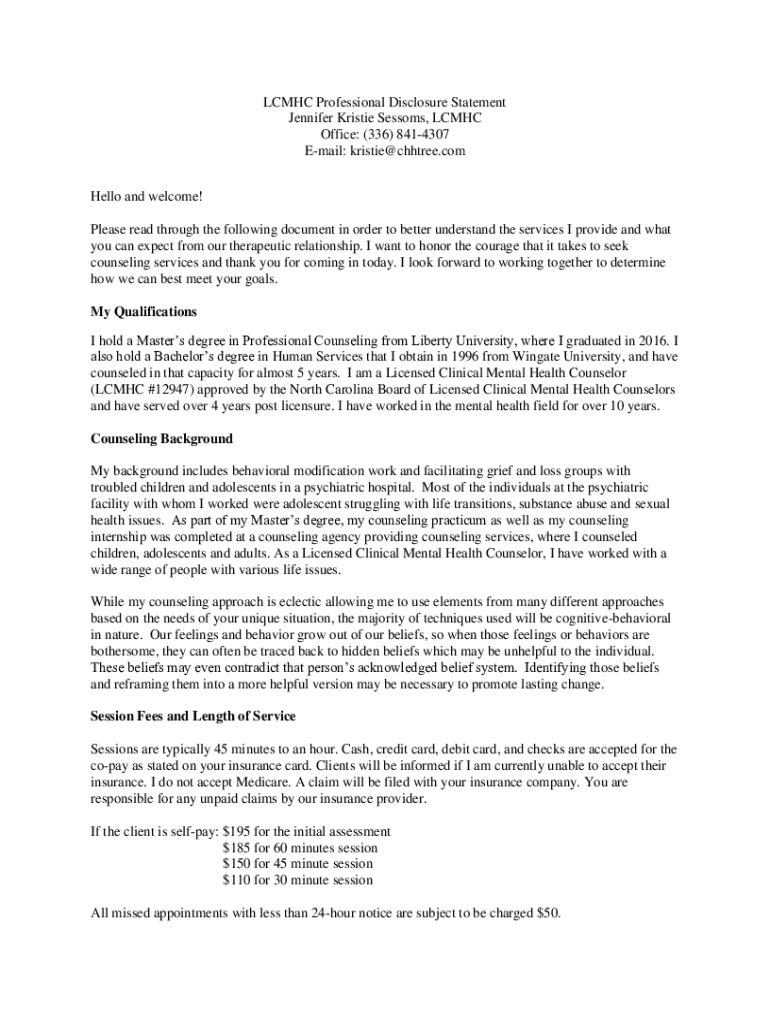 Fillable Online LCMHC Professional Disclosure Statement Jennifer ...