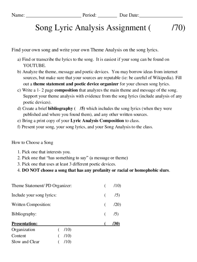 Fillable Online Song Lyrics Analysis Worksheet Fax Email Print - pdfFiller