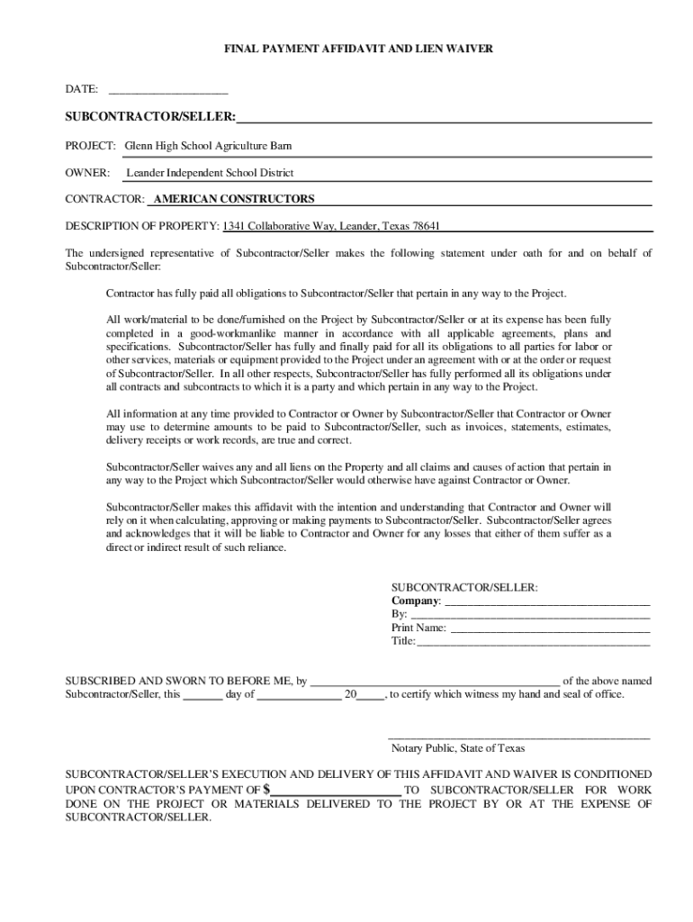 Fillable Online The Final Affidavit And Waiver Of Lien-Contractors Beware Fax Email Print ...