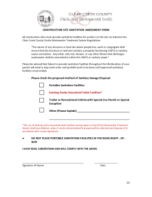 Fillable Online 13 CONSTRUCTION SITE SANITATION AGREEMENT FORM ... Fax ...
