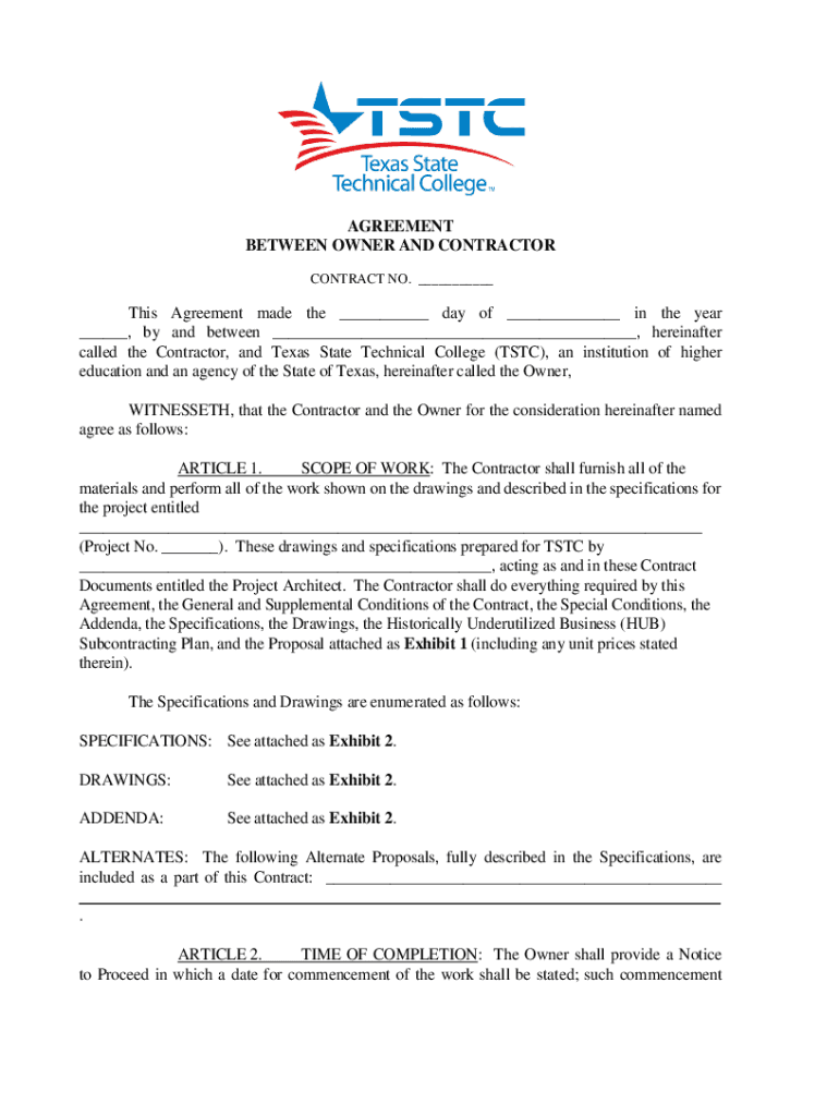 Fillable Online agreement between owner and contractor - contract no ...