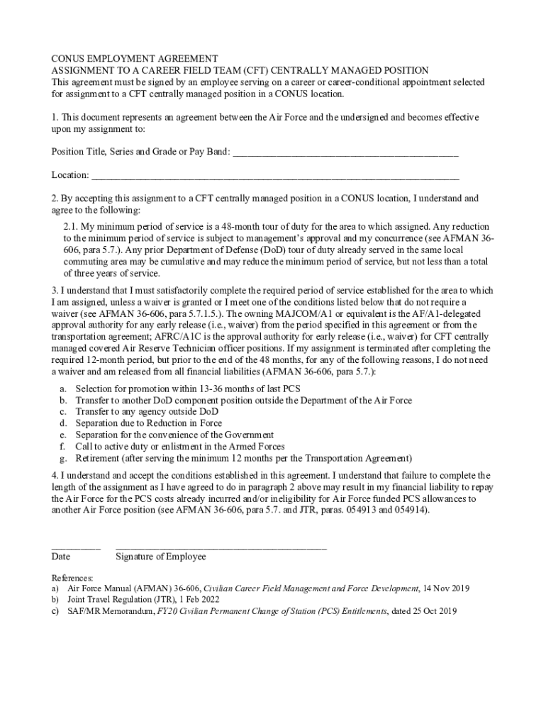 Fillable Online conus employment agreement assignment to a career field ...