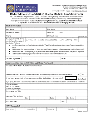 Fillable Online Reduced Course Load (RCL) Due to Medical Condition Form ...