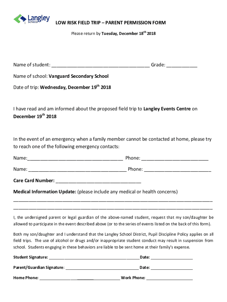 Fillable Online IFCB-3 - Field Trips and Excursions: Parent Permission ...