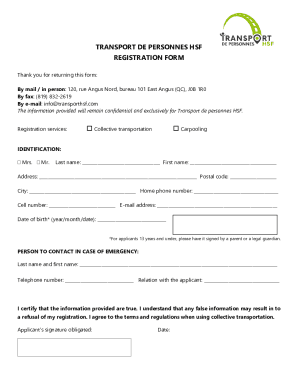 Fillable Online TRANSPORT DE PERSONNES HSF REGISTRATION FORM Fax Email ...
