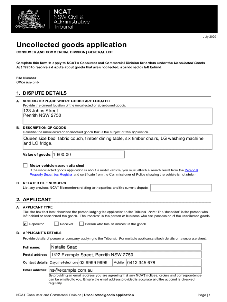 Fillable Online Uncollected goods application form. Uncollected goods ...