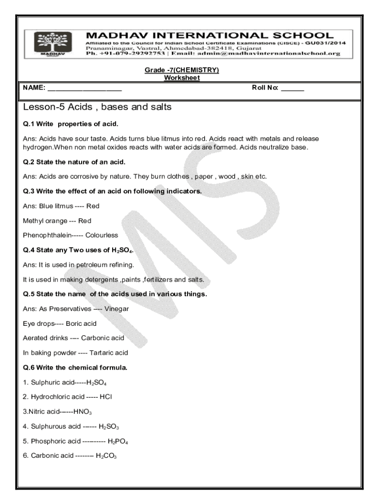 Fillable Online Worksheet for Class 7 Science Chapter 5: Acid Base and ...