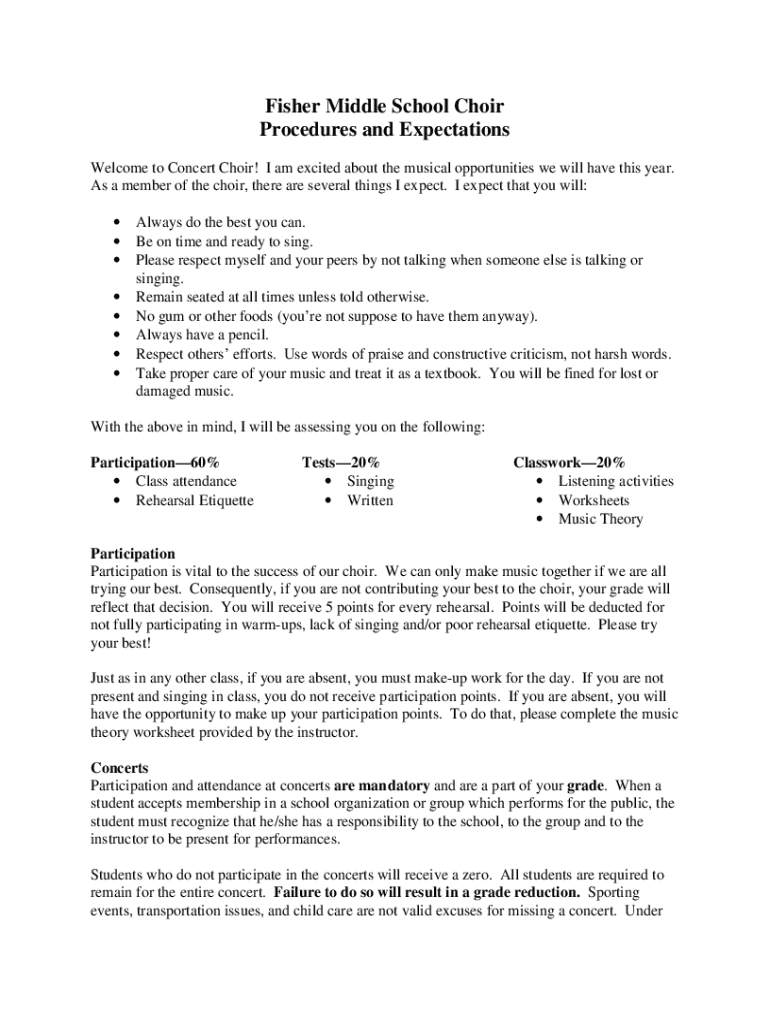 Fillable Online Fisher Middle School Choir Procedures and Expectations ...