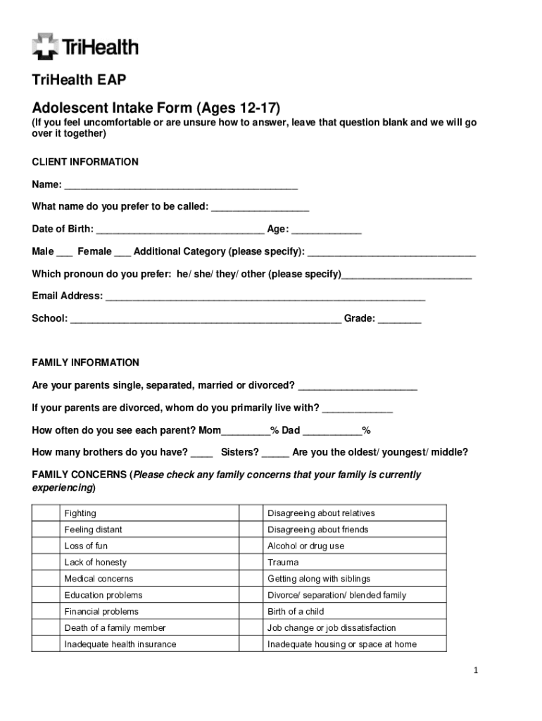 Fillable Online TriHealth EAP Adolescent Intake Form (Ages 12-17) Fax ...