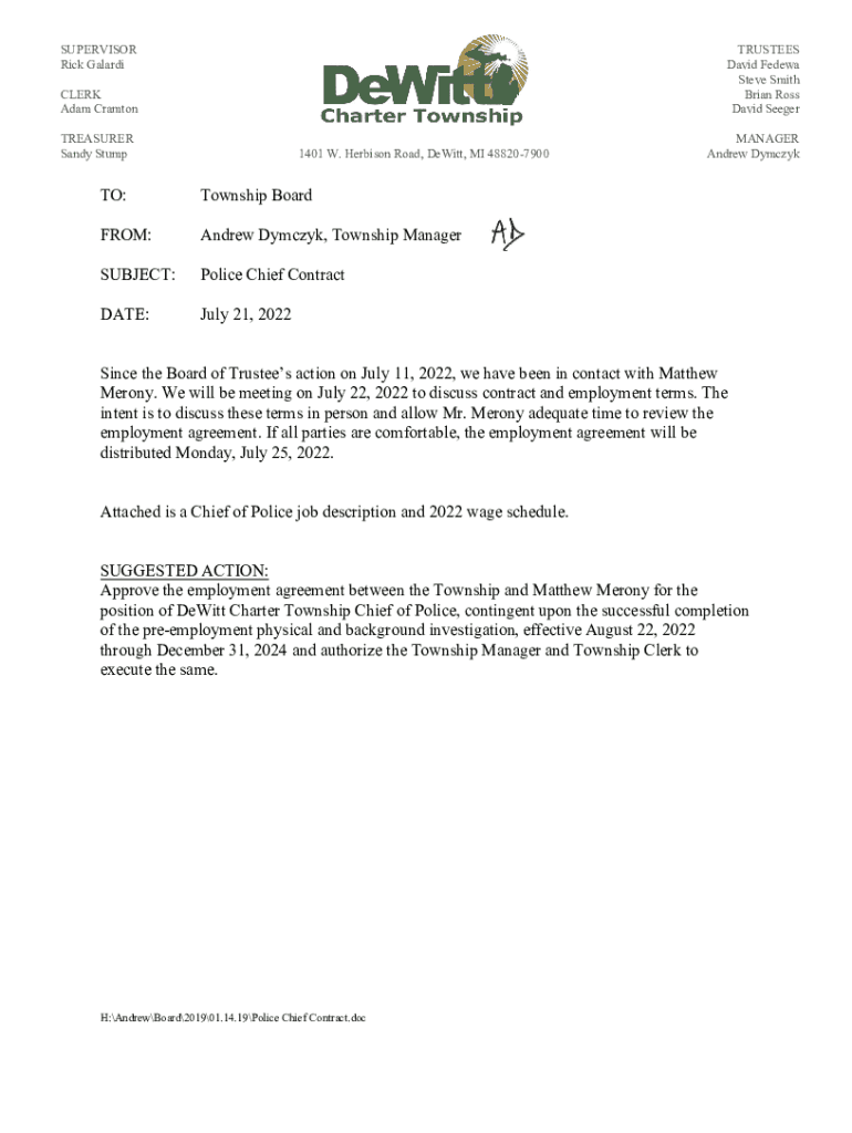 Fillable Online Police Chief Contract - DeWitt Charter Township Fax ...