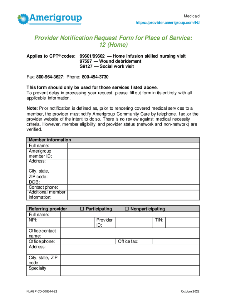 Fillable Online Provider Notification Request Form for Place of Service ...