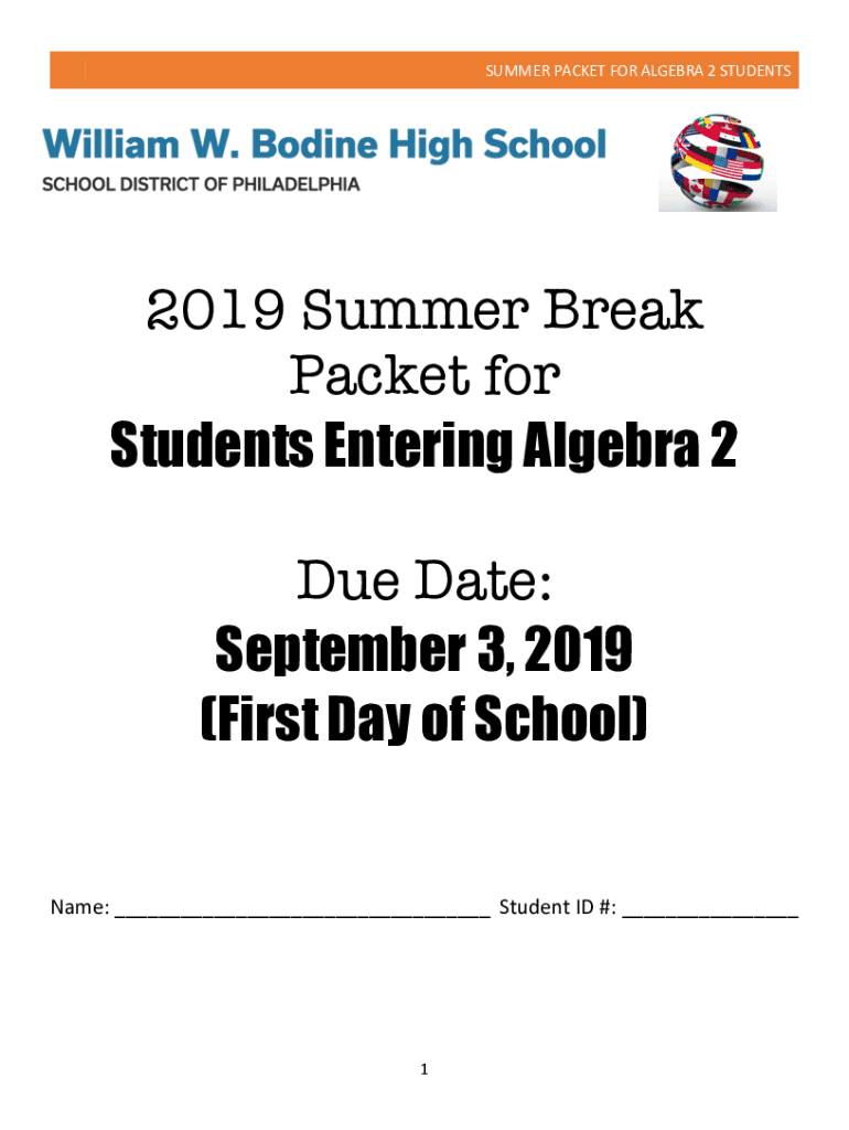 Fillable Online Summer Review For Students Entering Algebra 2 - HCPSS ...