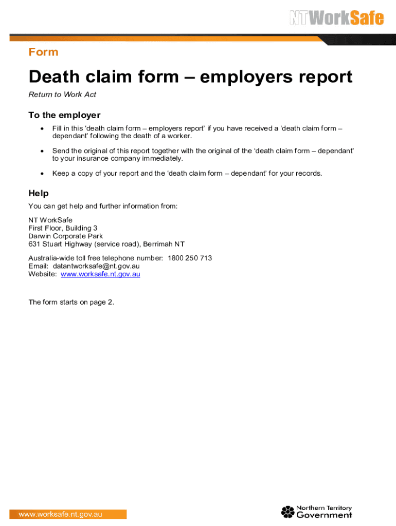 Fillable Online Death claim form - Employers report Fax Email Print ...