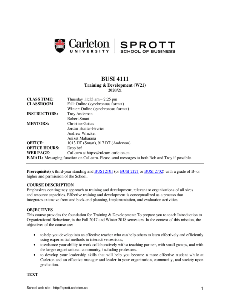 Fillable Online sprott carleton BUSI 4111: Training and Development Application Fax Email Print ...