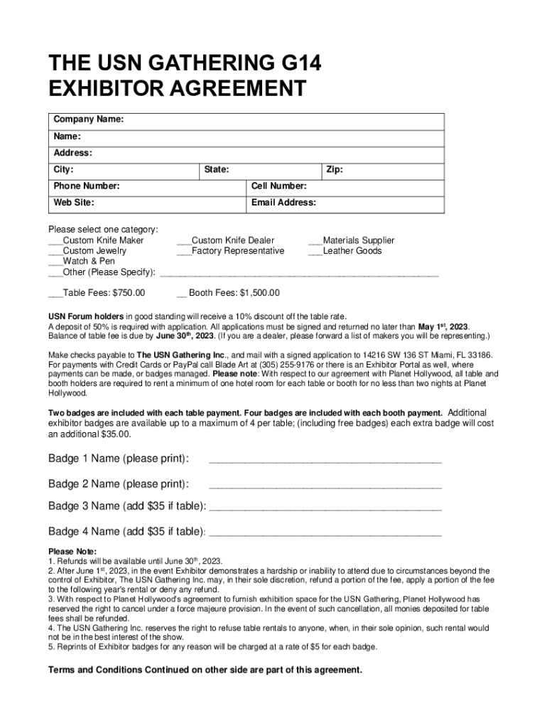 Fillable Online THE USN GATHERING G14 EXHIBITOR AGREEMENT Fax Email Print - pdfFiller