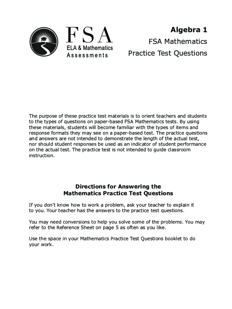 Fillable Online Algebra 1 FSA Mathematics Practice Test Answer Key Fax ...