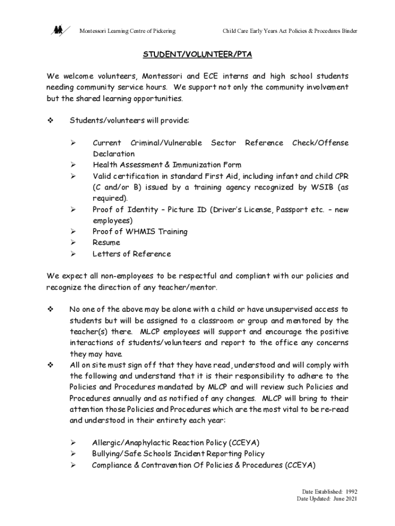 Fillable Online STUDENT VOLUNTEER PTA POLICY (CCEYA).docx Fax Email ...