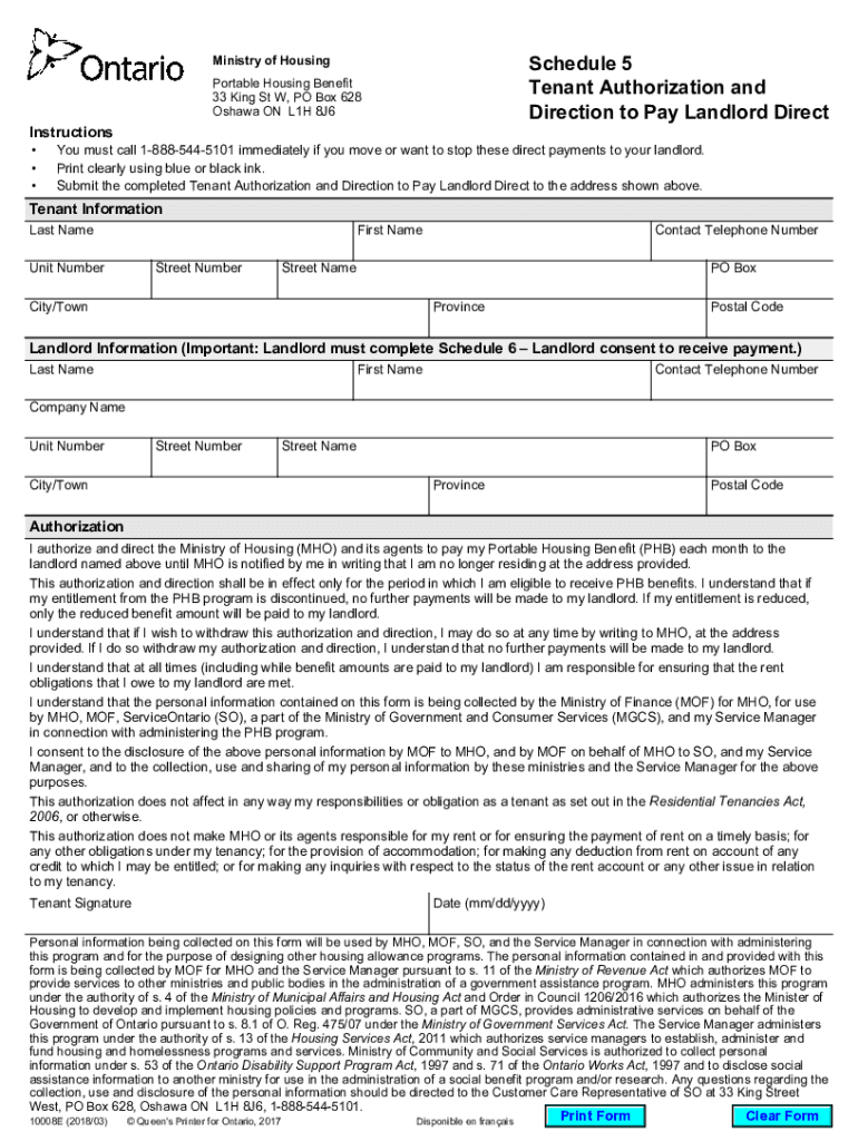 Fillable Online Schedule 5 Tenant Authorization and Direction to Pay ...