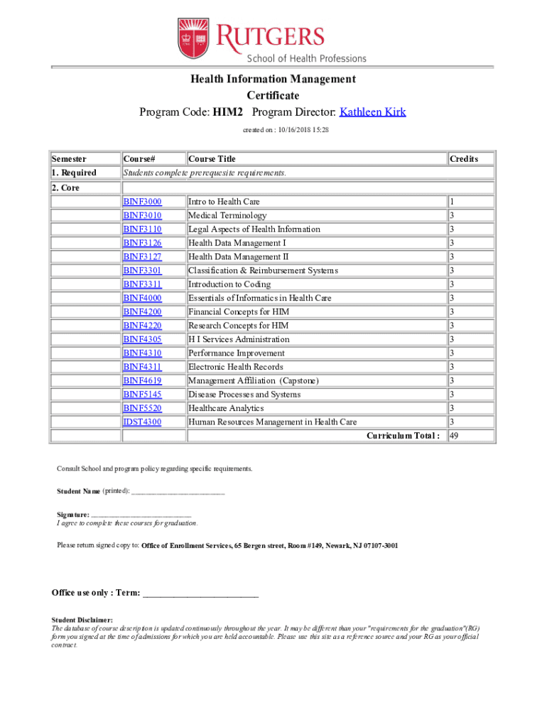Fillable Online Certificate of Health Information Management - Rutgers ...
