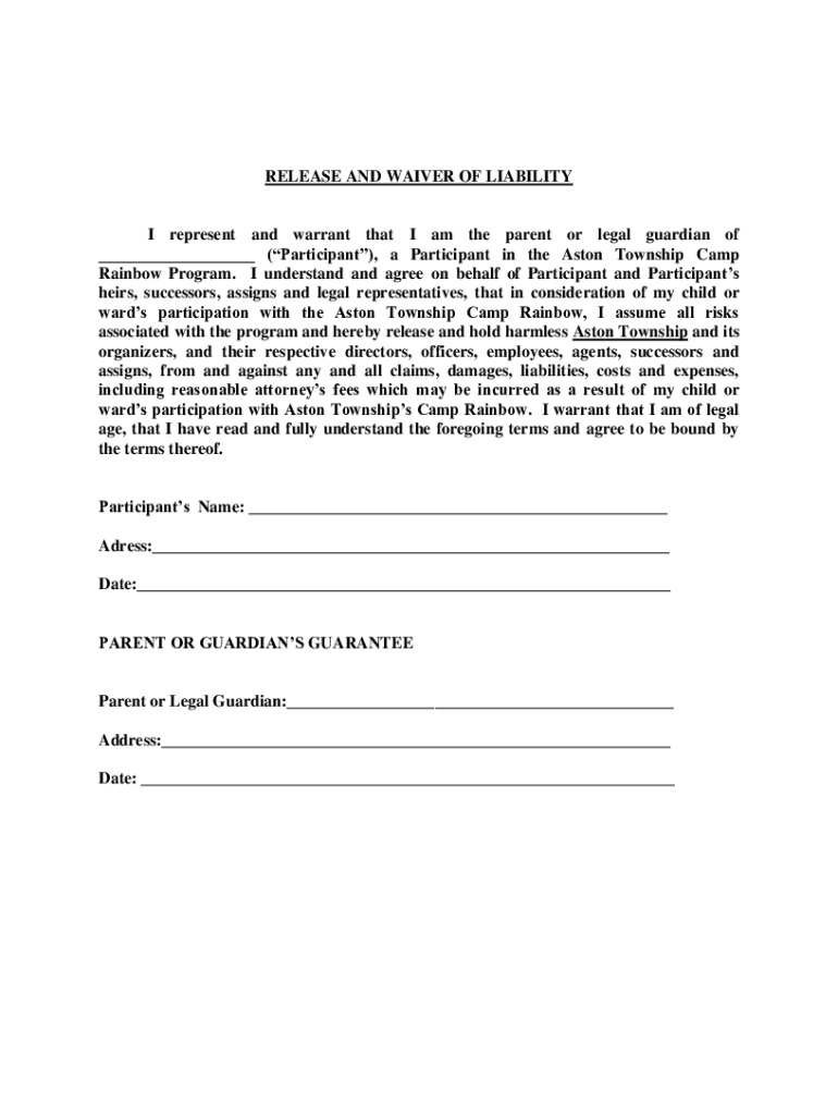 Fillable Online RELEASE AND WAIVER OF LIABILITY I represent and warrant ...