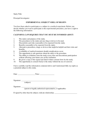 Fillable Online Experimental Research Subject's Bill of Rights ...