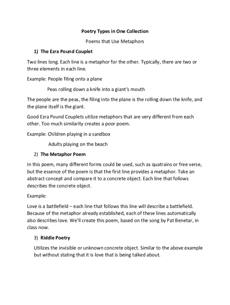 Fillable Online Poetry Types in One Collection Poems that Use Metaphors ...