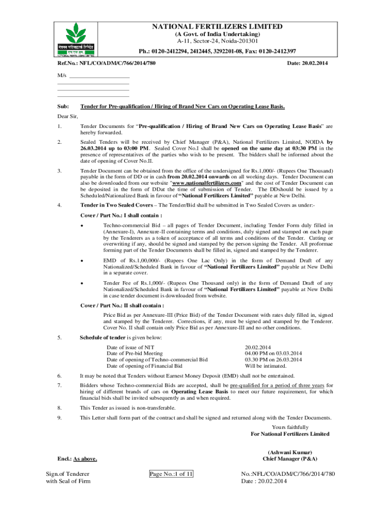 Fillable Online Tender for Pre-qualification / Hiring of Brand New Cars ...