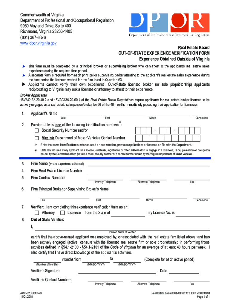 Fillable Online A490-02OSEXP - RE Out-of-State Experience Verification ...