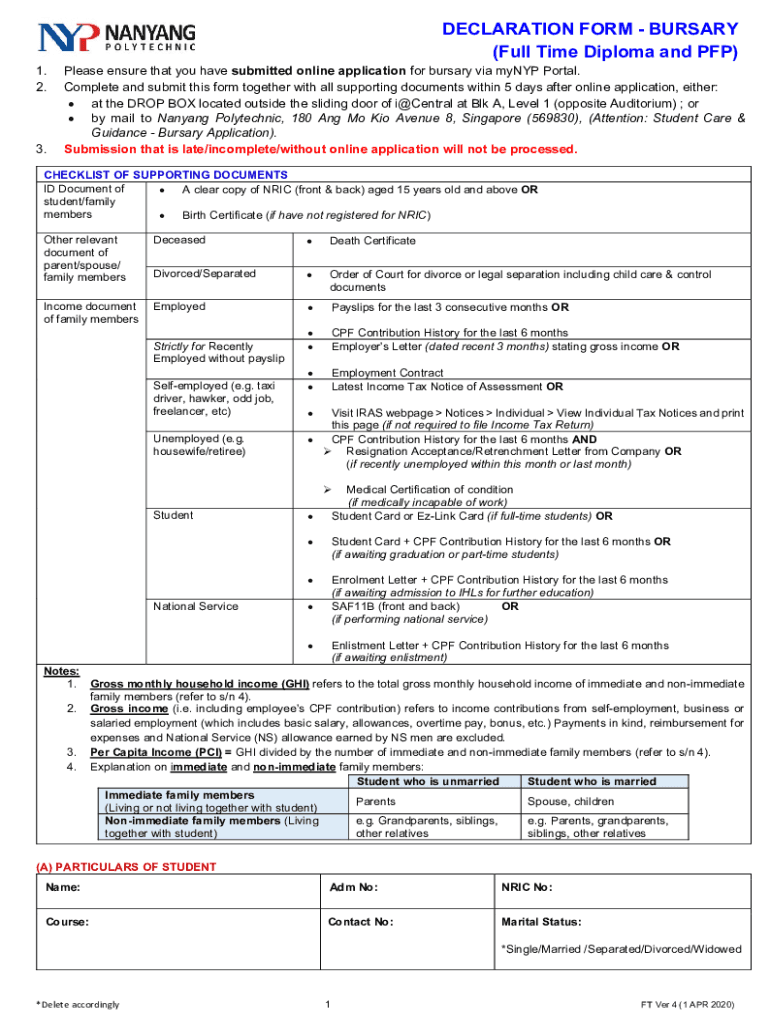 Fillable Online DECLARATION FORM - BURSARY (Full Time Diploma and ...