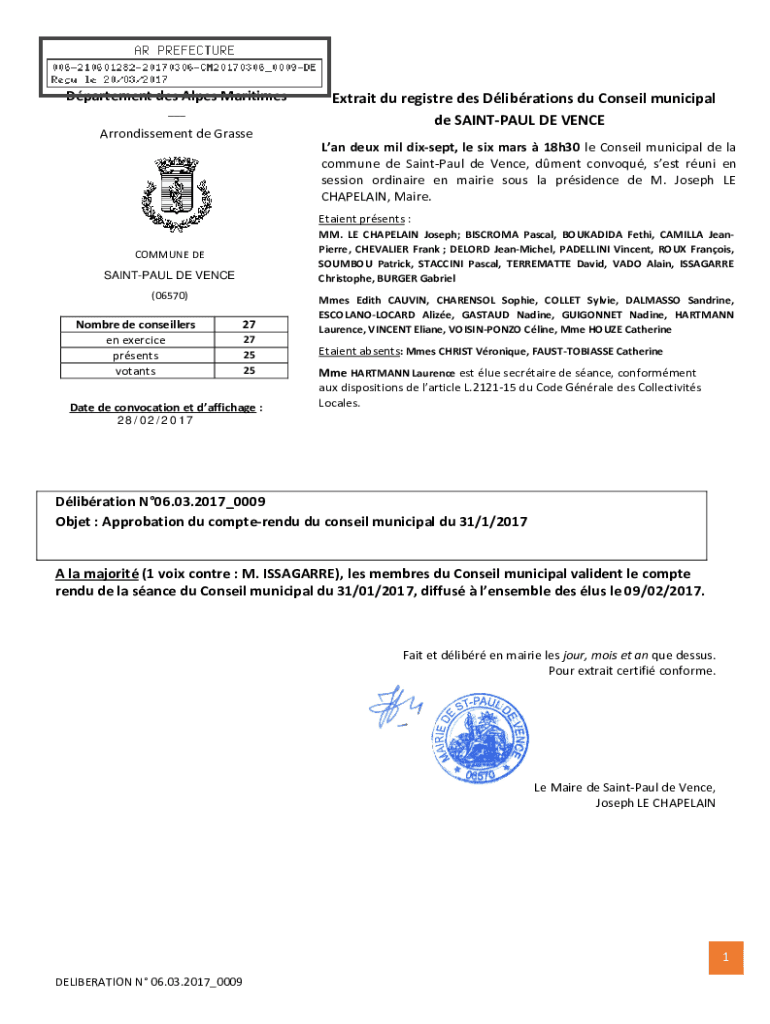 Remplissable En Ligne Extrait du registre des Dlibrations du Conseil Municipal de ... Fax Email ...
